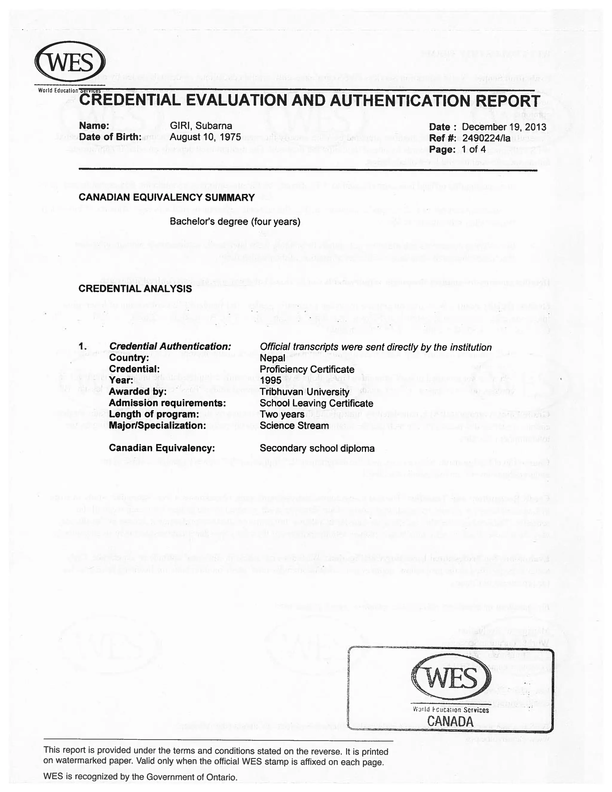 WES Analyzed Certificate | PDF