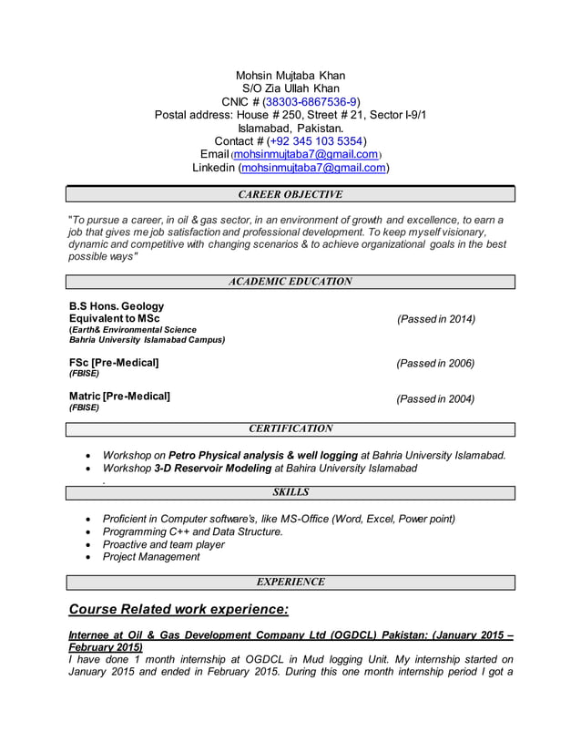 Mohsin's Resume | DOCX | Geology | Science