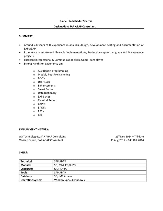 Lalbahdur Sharma cv with 2.8 yrs Exp sap abap | PDF