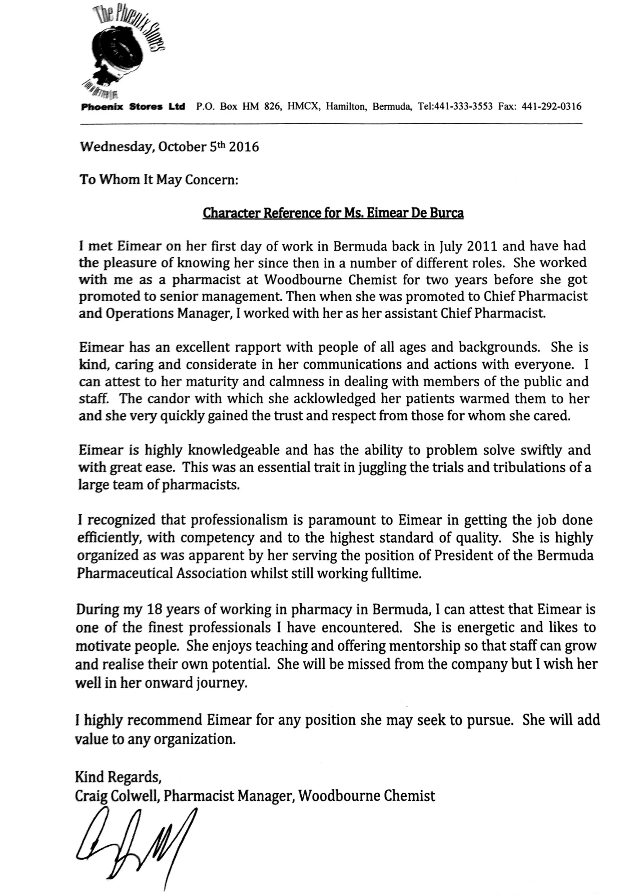 Character Reference for Eimear Burke From Craig Colwell | PDF