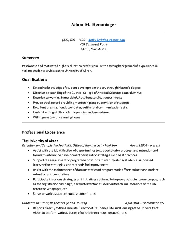 Adam M Hemminger Resume 2016 | DOCX | Professional School | Postgraduate Education
