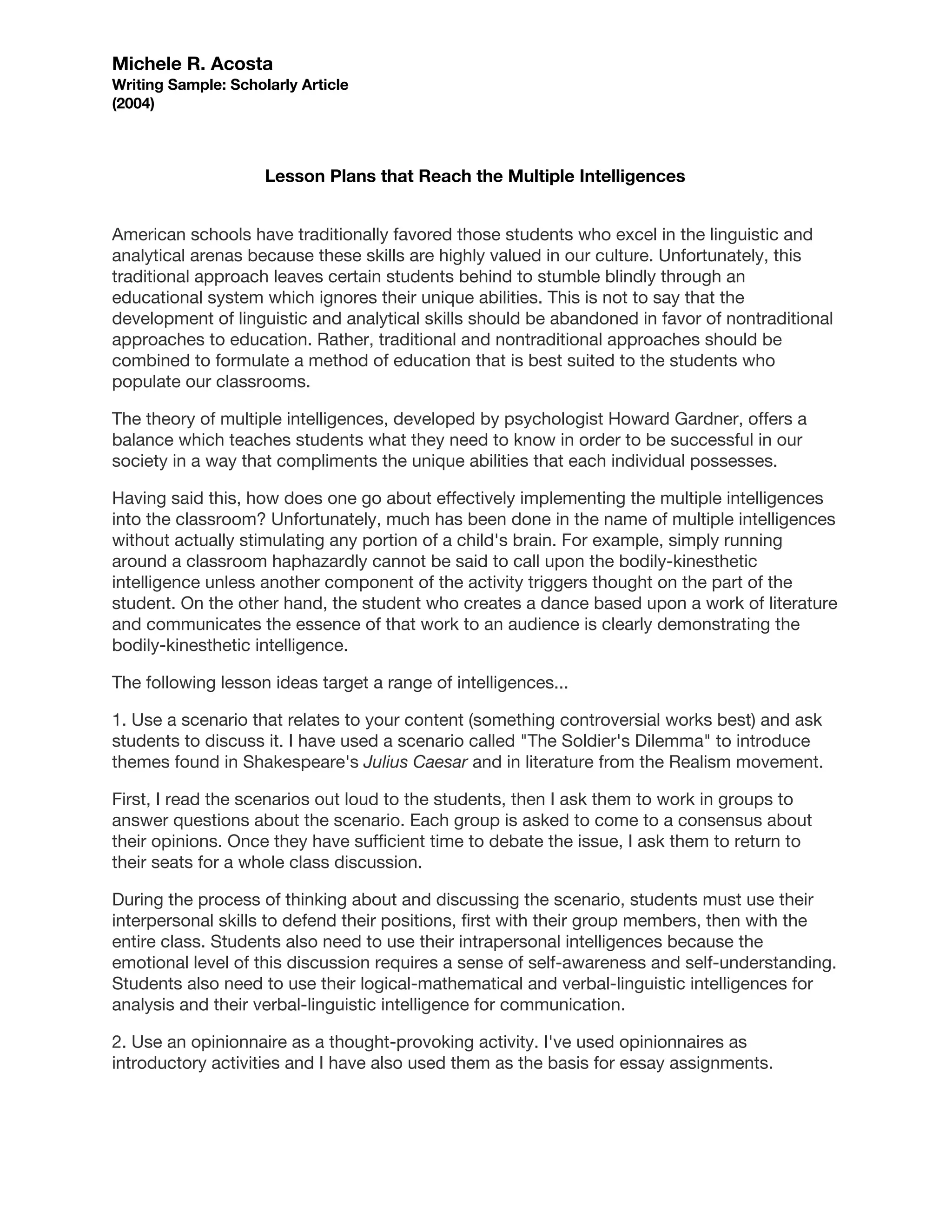 Lesson Plans that Reach the Multiple Intelligences | PDF