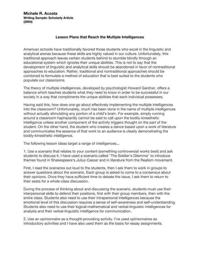 Lesson Plans that Reach the Multiple Intelligences | PDF