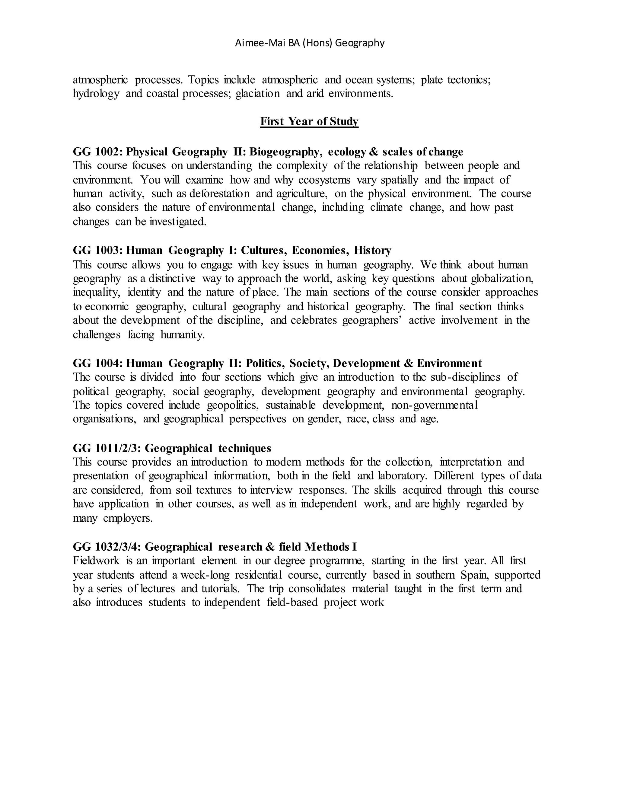 Breakdown of Degree Modules Passed with Descriptions | DOCX | Geography ...