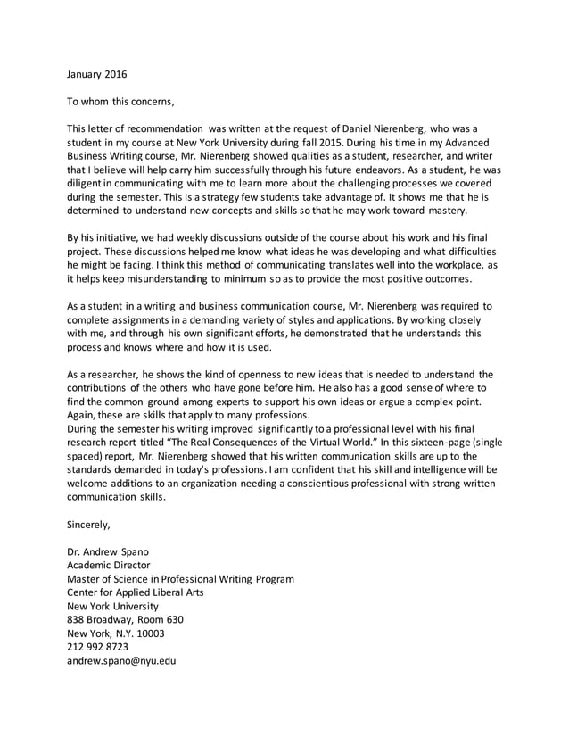 NYU Letter of Recommendation | DOCX | Business | Business and Finance