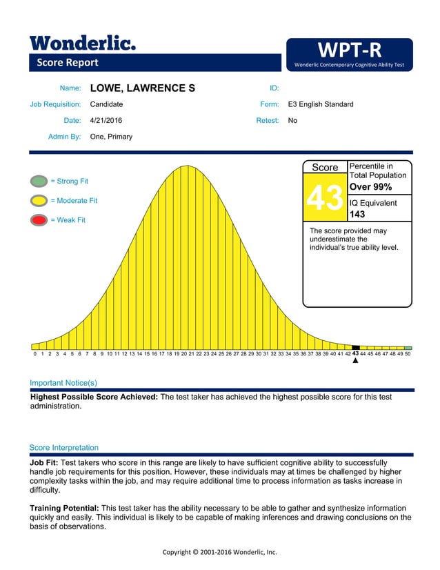Lawrence Lowe WL Score | PDF