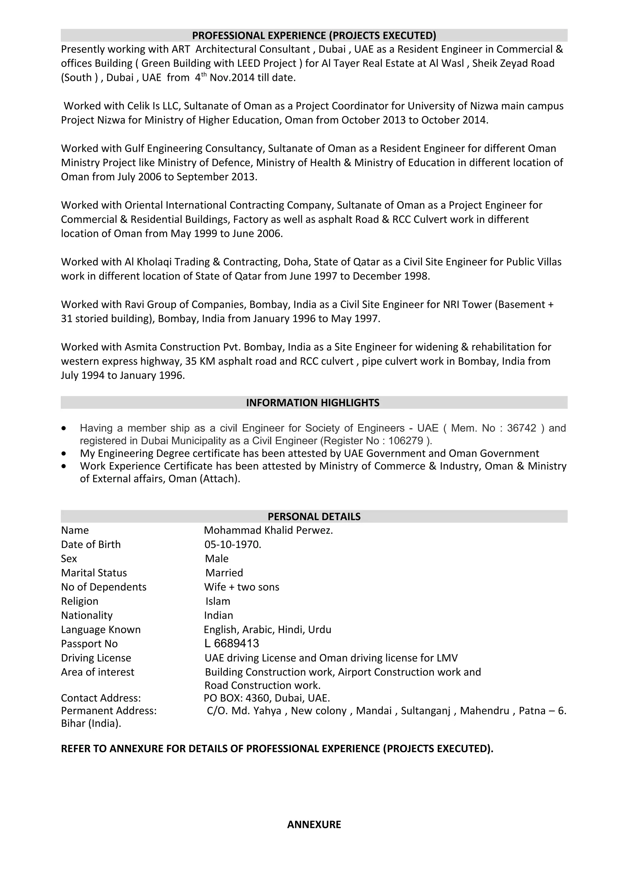 CV of Mohammad Khalid Perwez. | DOC | Civil Engineering Industry | Industries