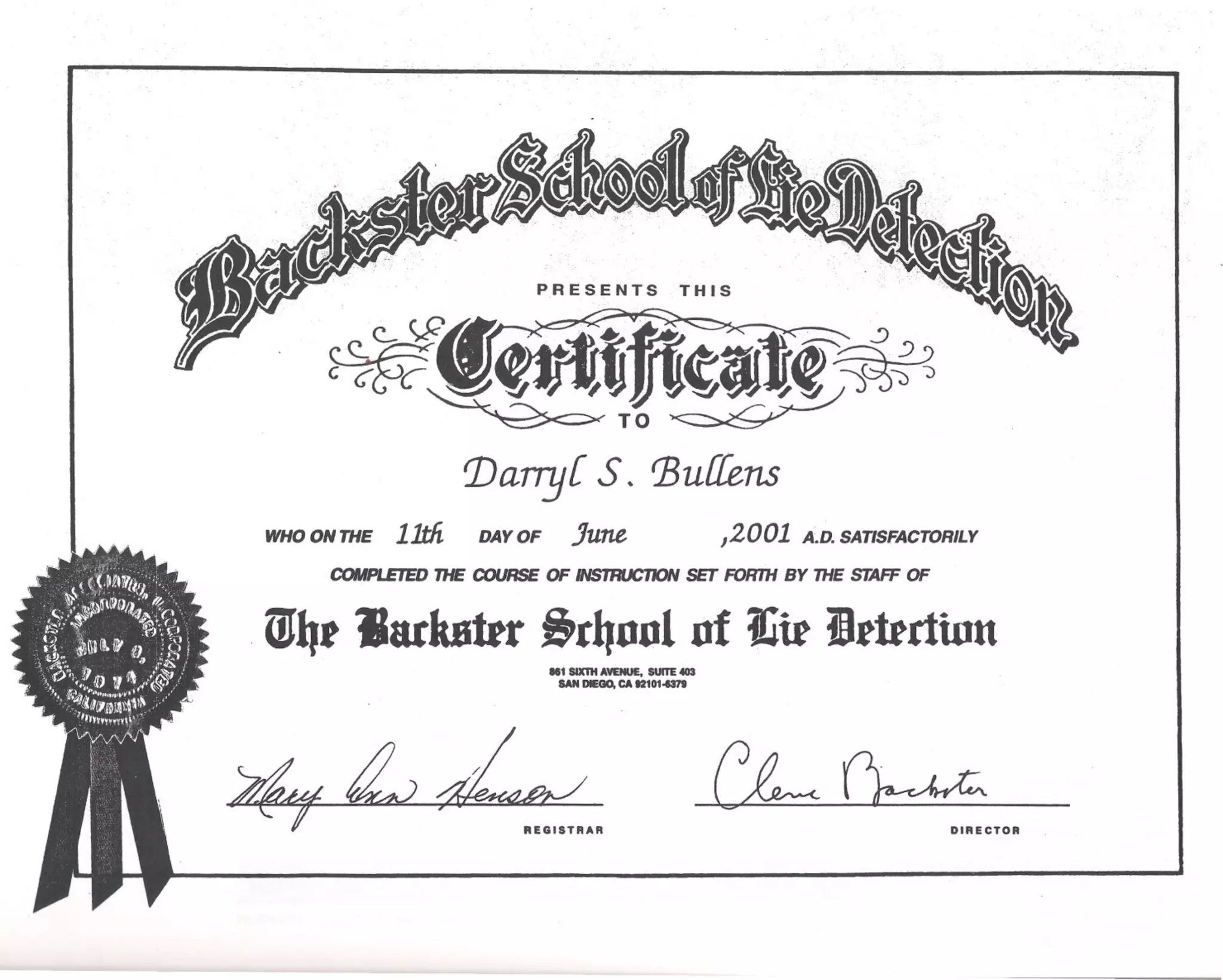 Darryl Backster cert | PDF