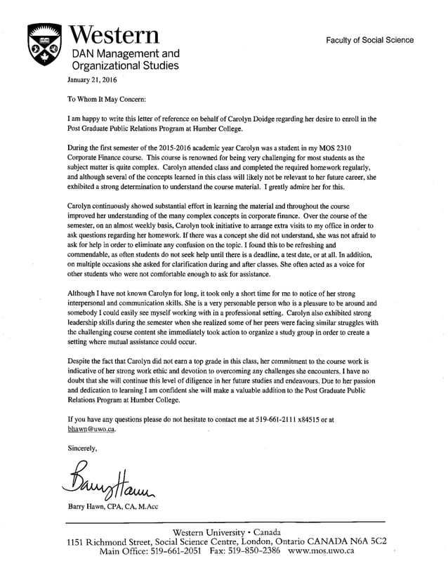Reference Letter Carolyn Doidge | PDF