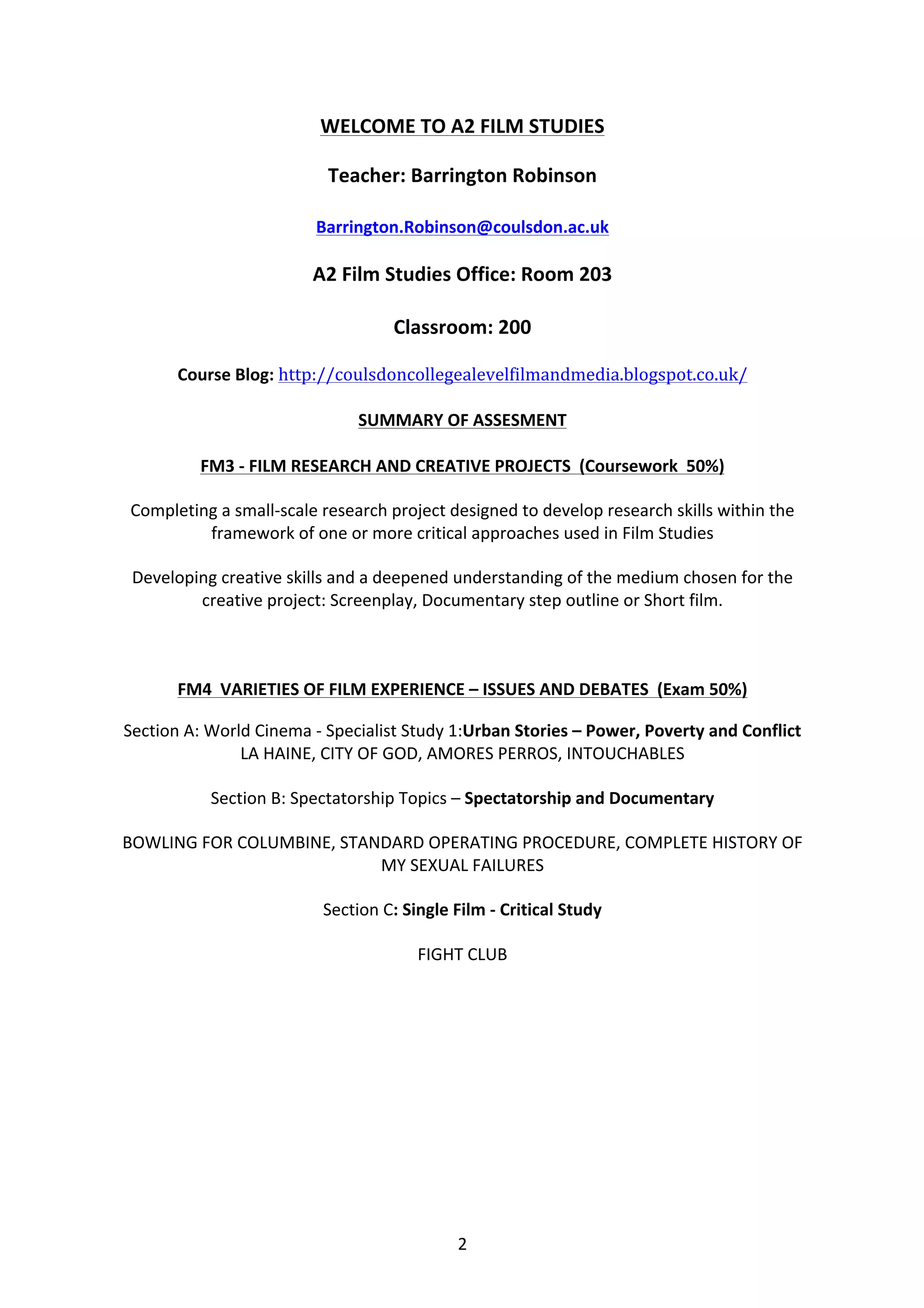 A2 Film Studies Course Handbook 2014-15 | PDF