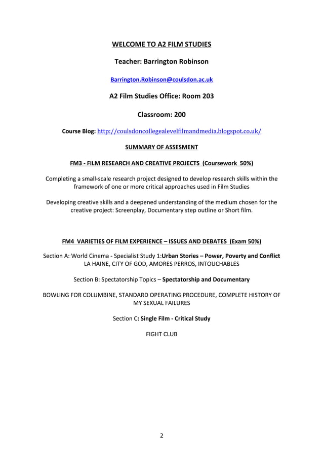 A2 Film Studies Course Handbook 2014-15 | PDF