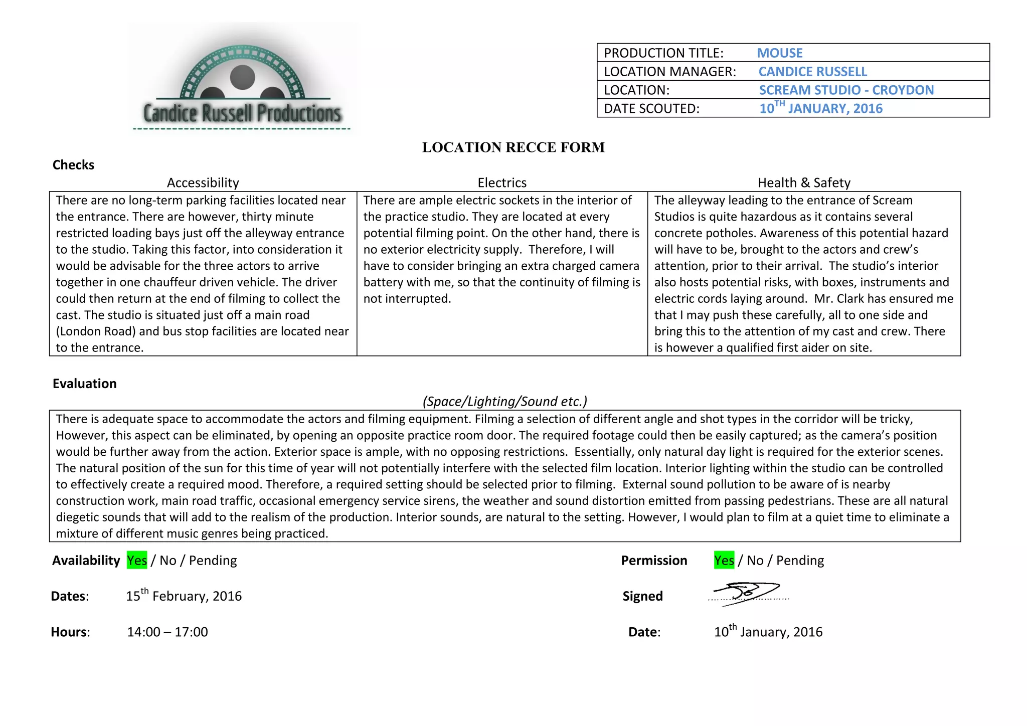 A2 location recce_sheet studio | PPT