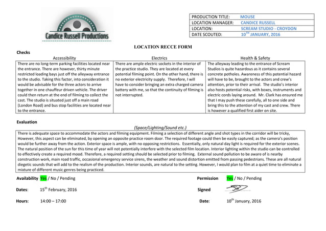 A2 location recce_sheet studio | PPT