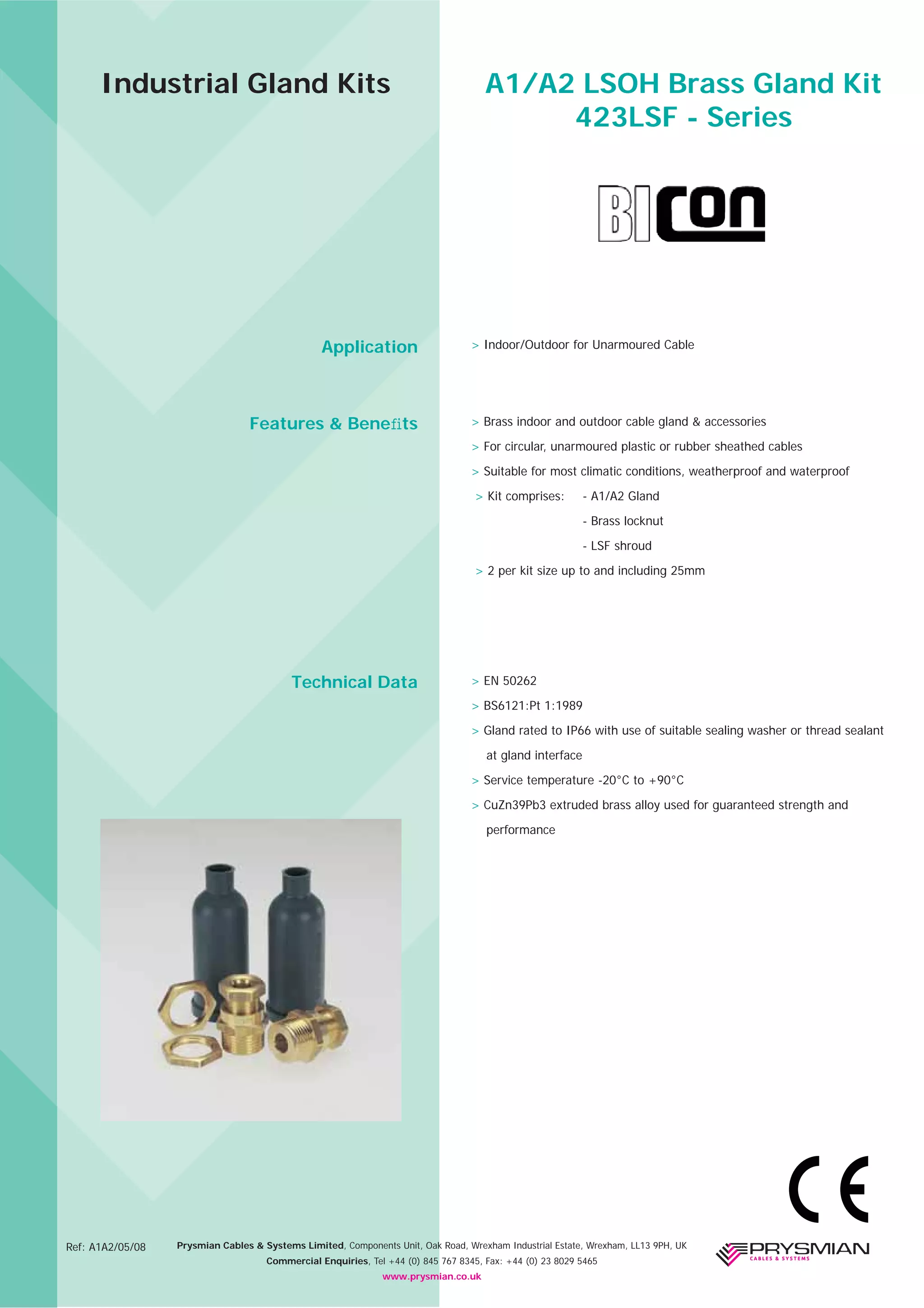 A2 LSF Brass Cable Glands - BICC, BICON, Prysmian | PDF