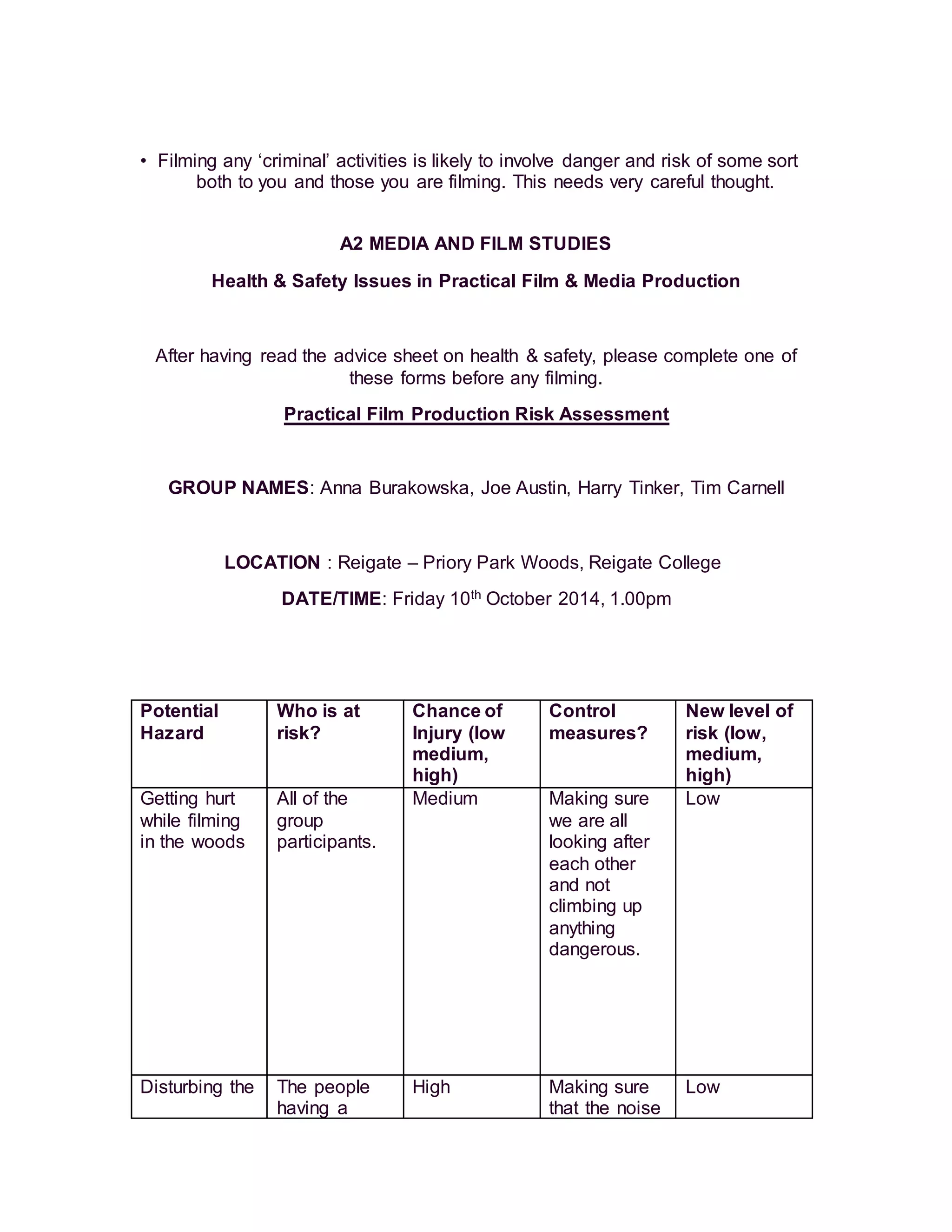 A2 media: Risk assessment | PDF