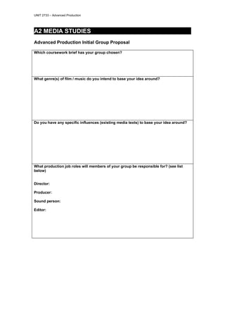 A2 media studies initial proposal form | DOC
