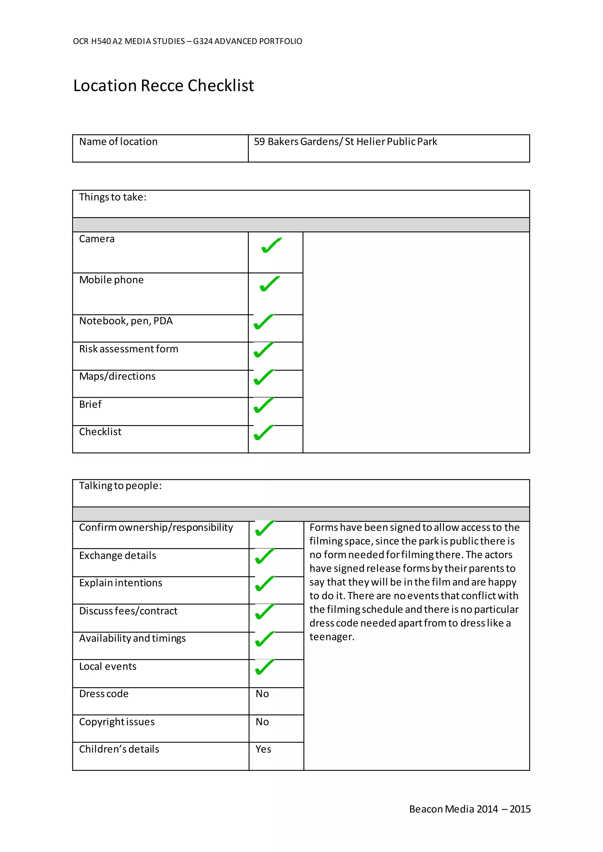 A2 recce checklist sheet | DOCX