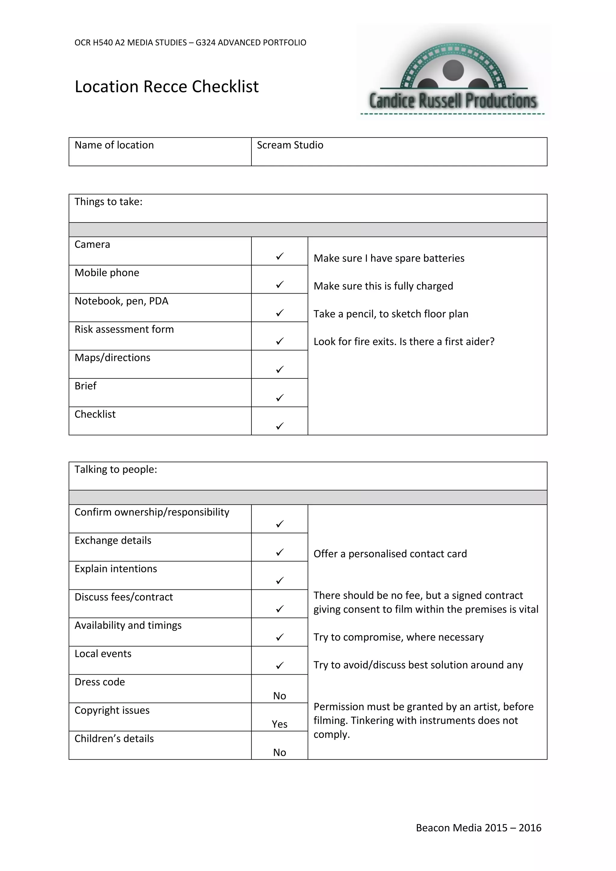 A2 recce checklist_ studio | PDF
