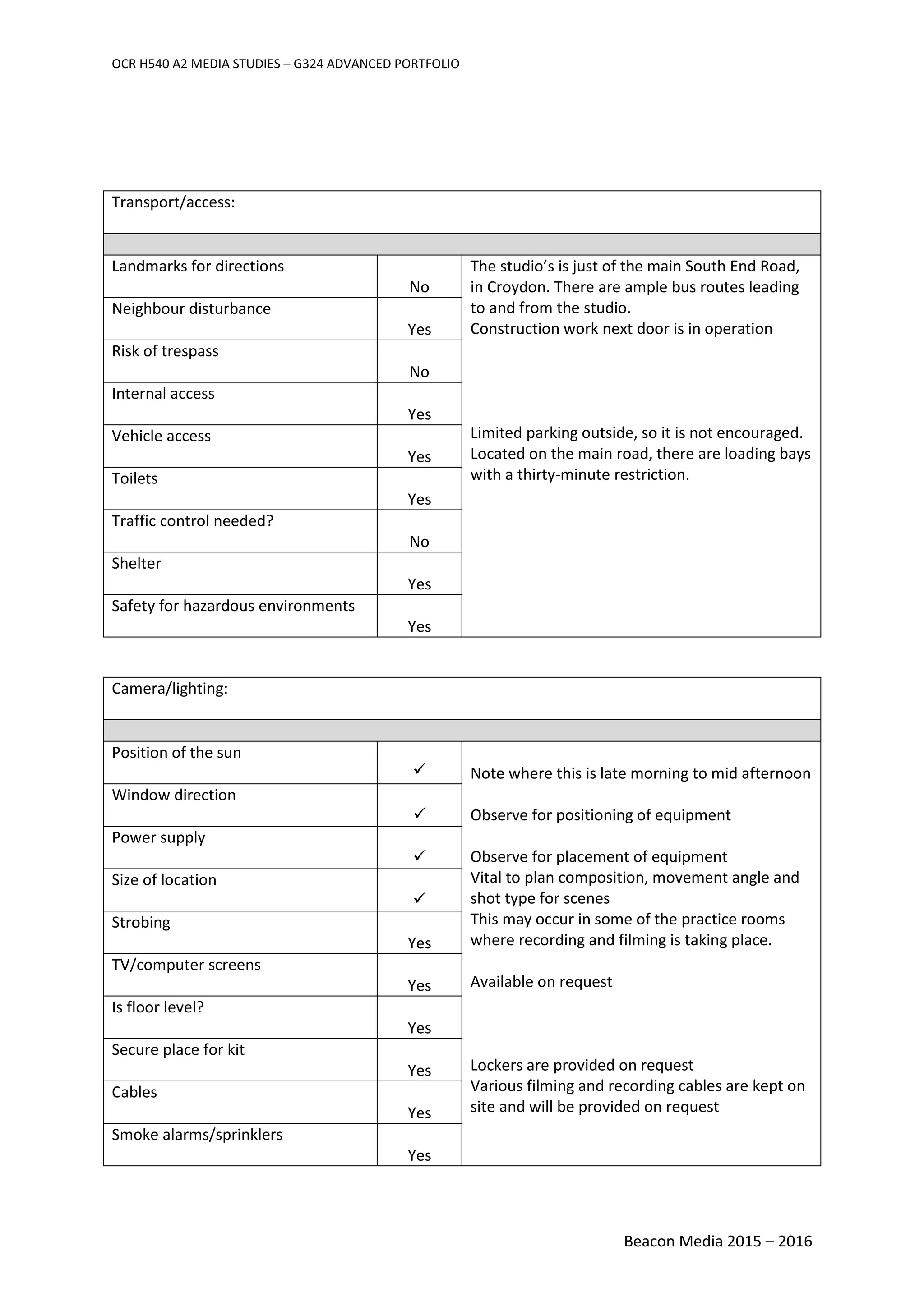 A2 recce checklist_ studio | PDF