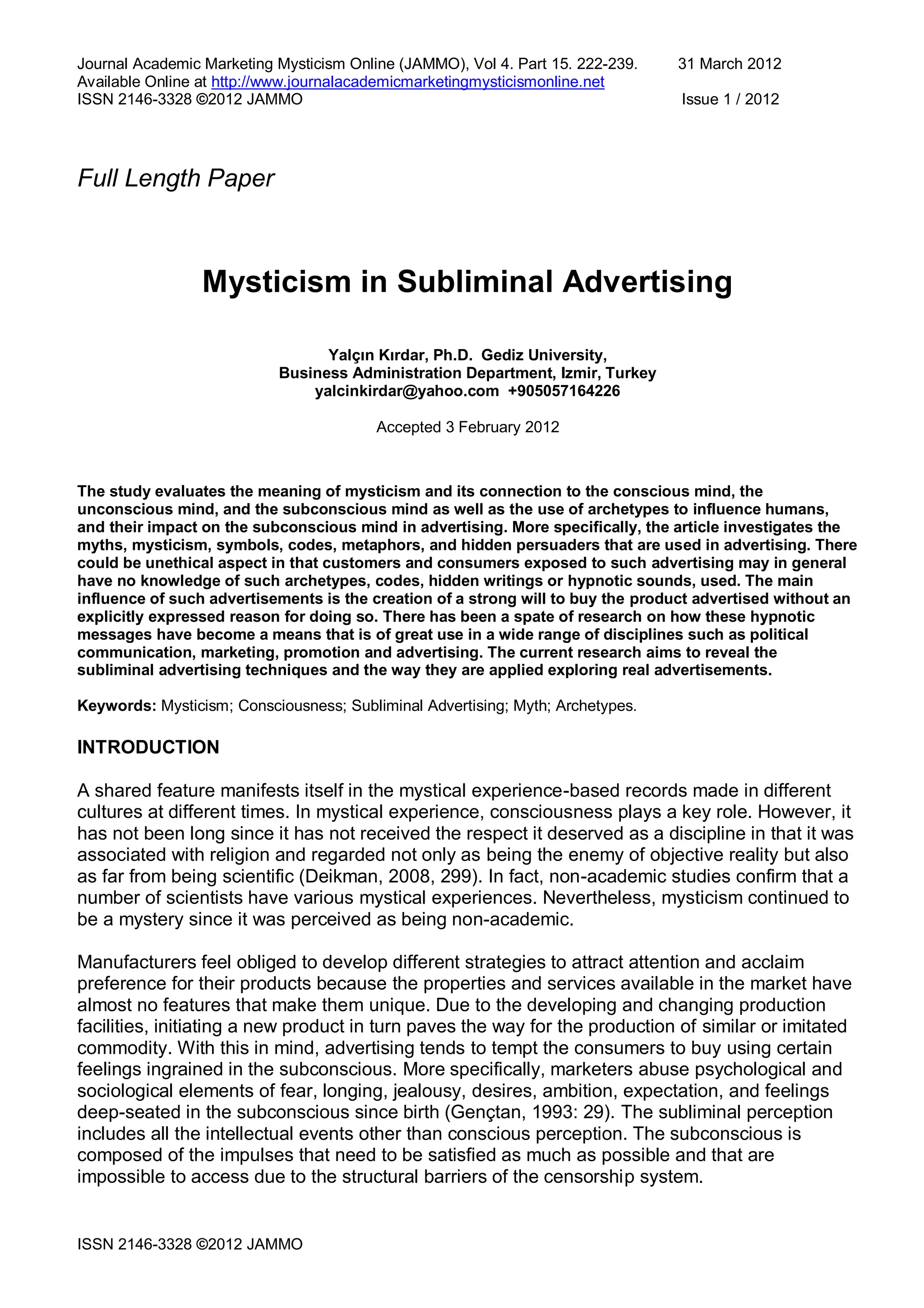 Mysticism in Subliminal Advertising (JAMMO) | PDF