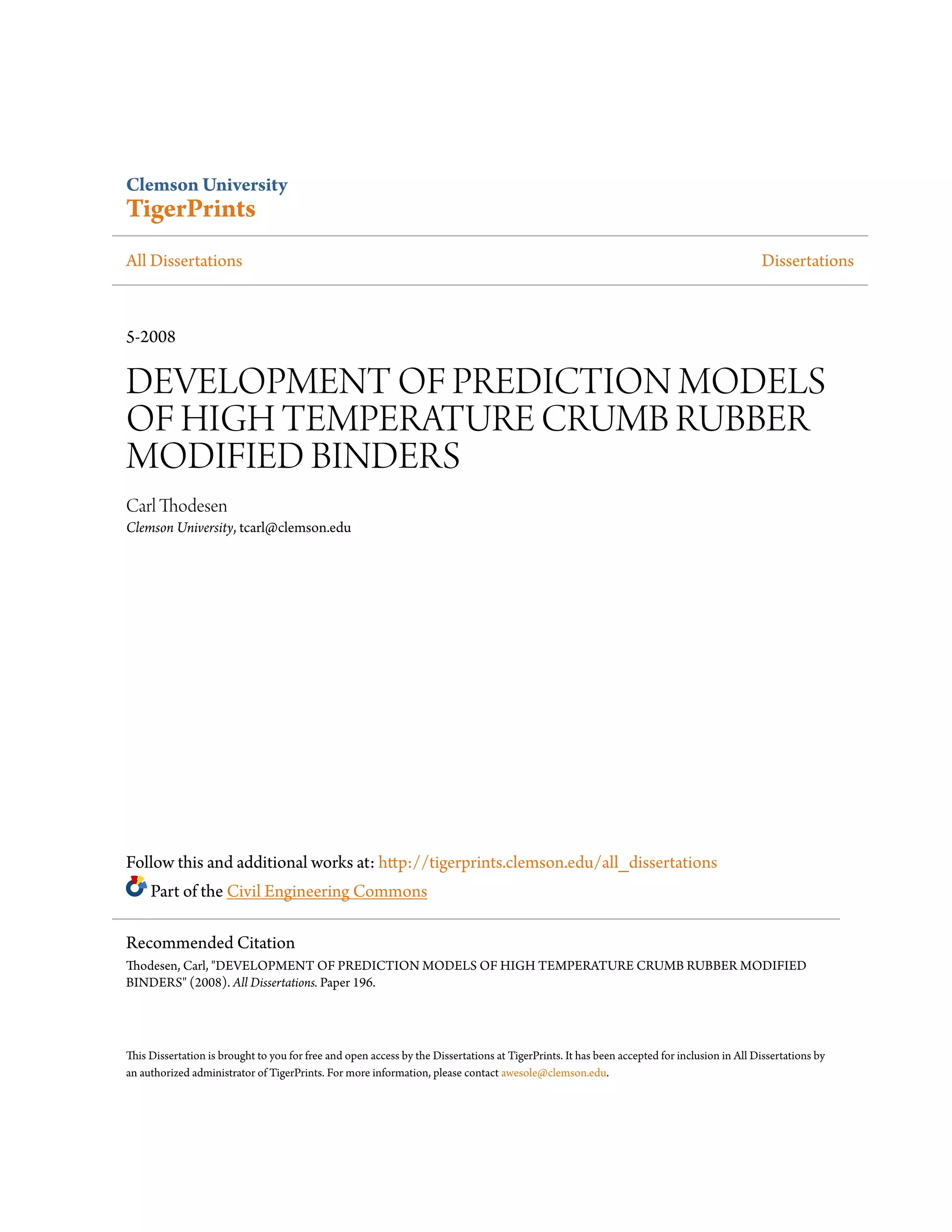 DEVELOPMENT OF PREDICTION MODELS OF HIGH TEMPERATURE CRUMB RUBBER | PDF