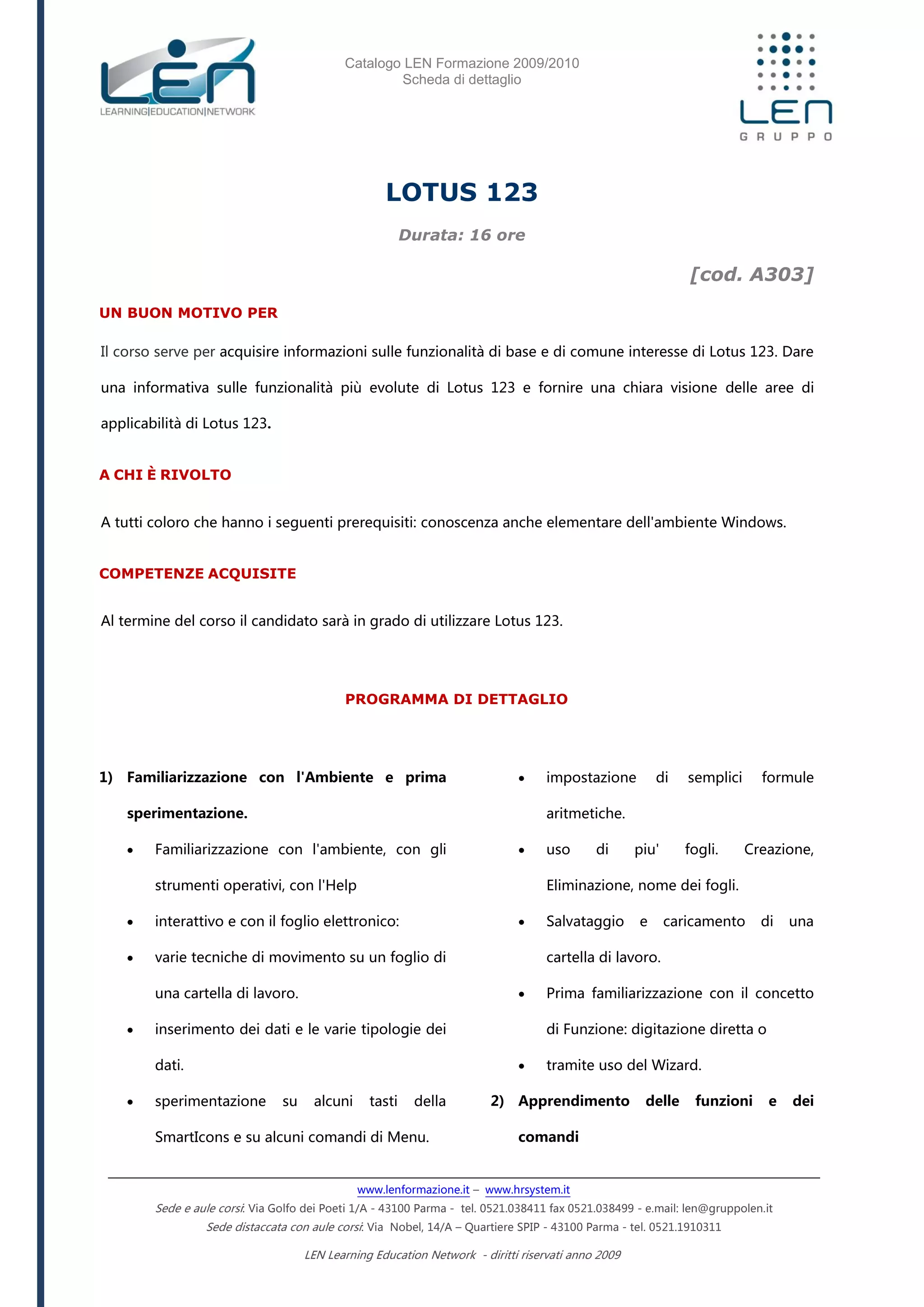 Lotus 123 - Scheda corso LEN | PPT