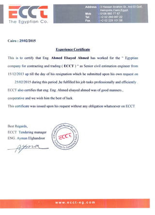 Experience Certificate Eng. Ahmed Elsayed | PDF