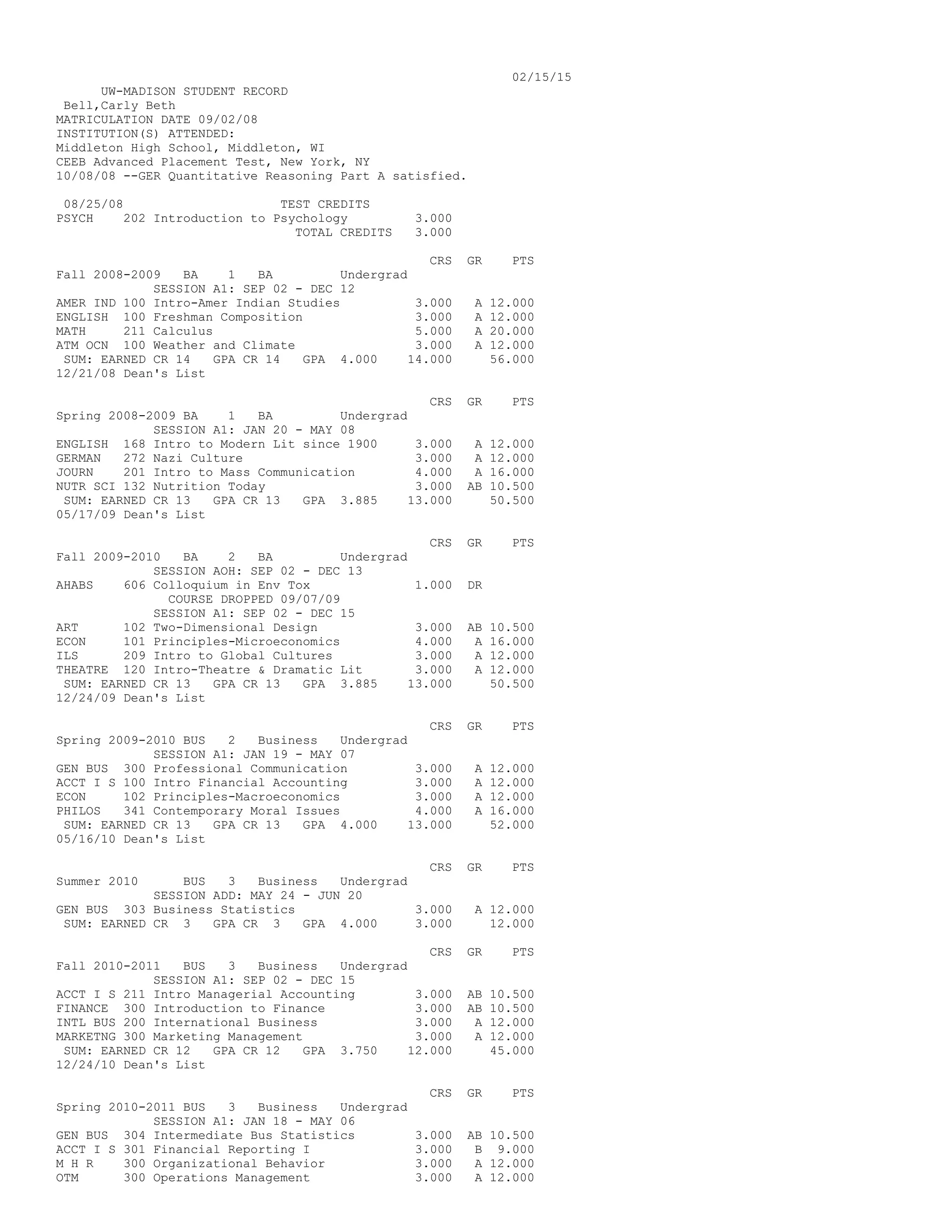 CarlyBellUnofficialTranscript | PDF