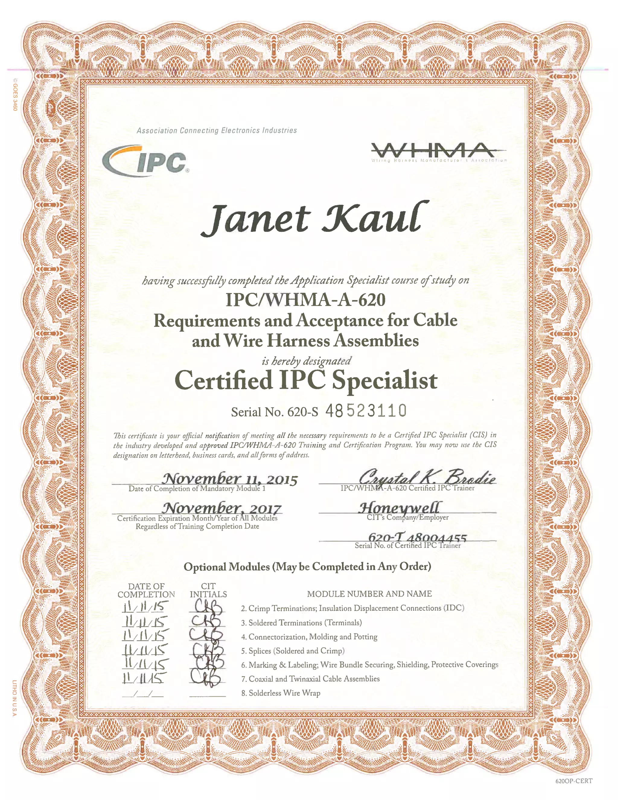 Janet Kaul IPC-620 Certified | PDF