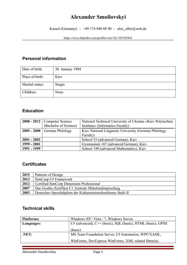 CV CSharp Developer | DOC | Programming Languages | Computing