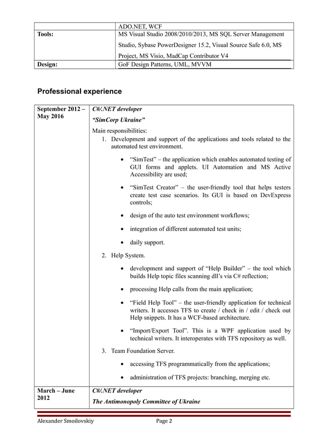 CV CSharp Developer | DOC | Programming Languages | Computing