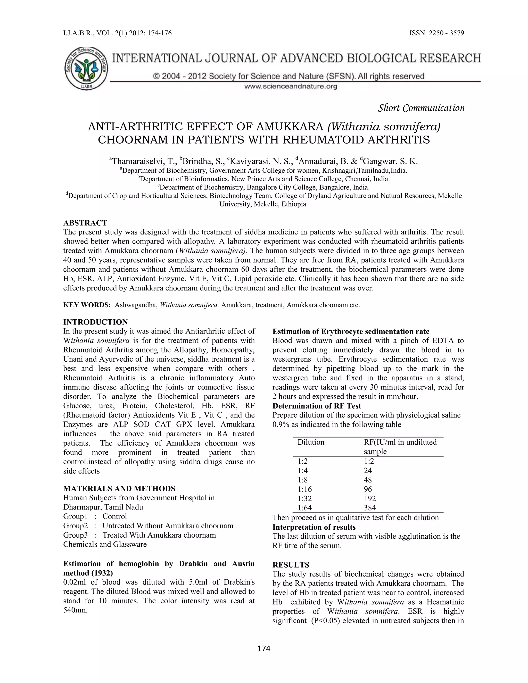 40.Anti-Arthritic effect of Amukkara (Withania somnifera) chooranam in ...