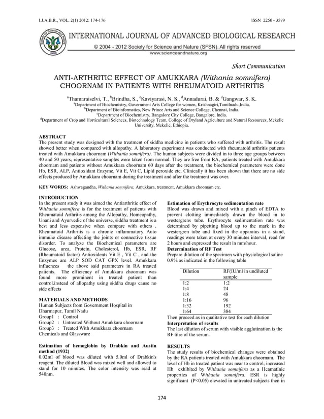 40.Anti-Arthritic effect of Amukkara (Withania somnifera) chooranam in ...
