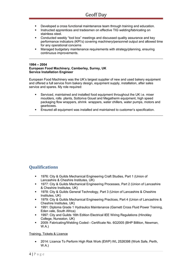 Geoff Day Mechanical CV | PDF