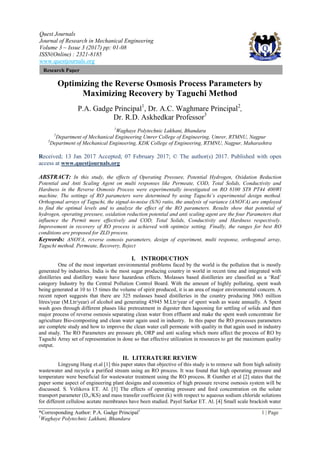 Optimizing the Reverse Osmosis Process Parameters by Maximizing Recovery by Taguchi Method | PDF