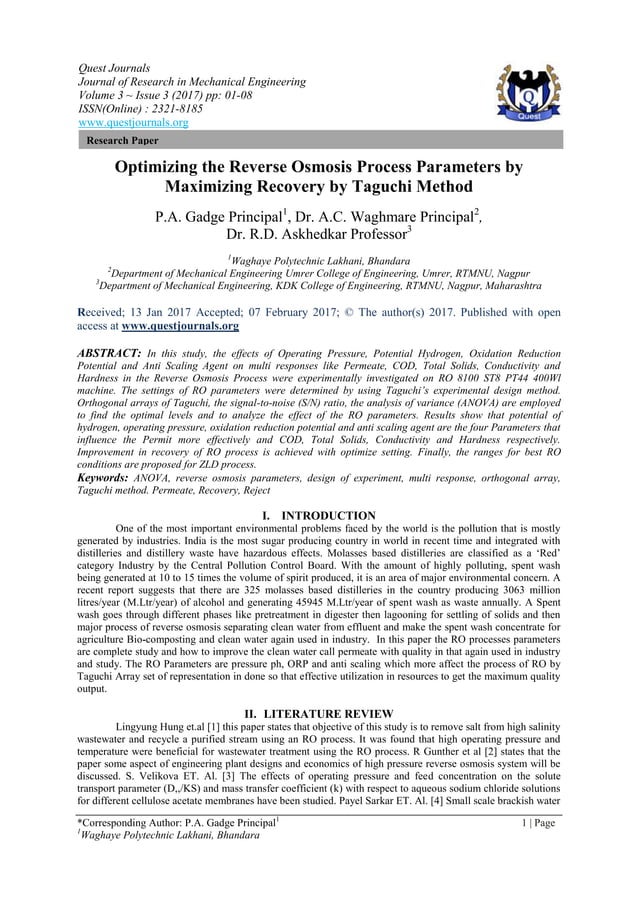 Optimizing the Reverse Osmosis Process Parameters by Maximizing Recovery by Taguchi Method | PDF