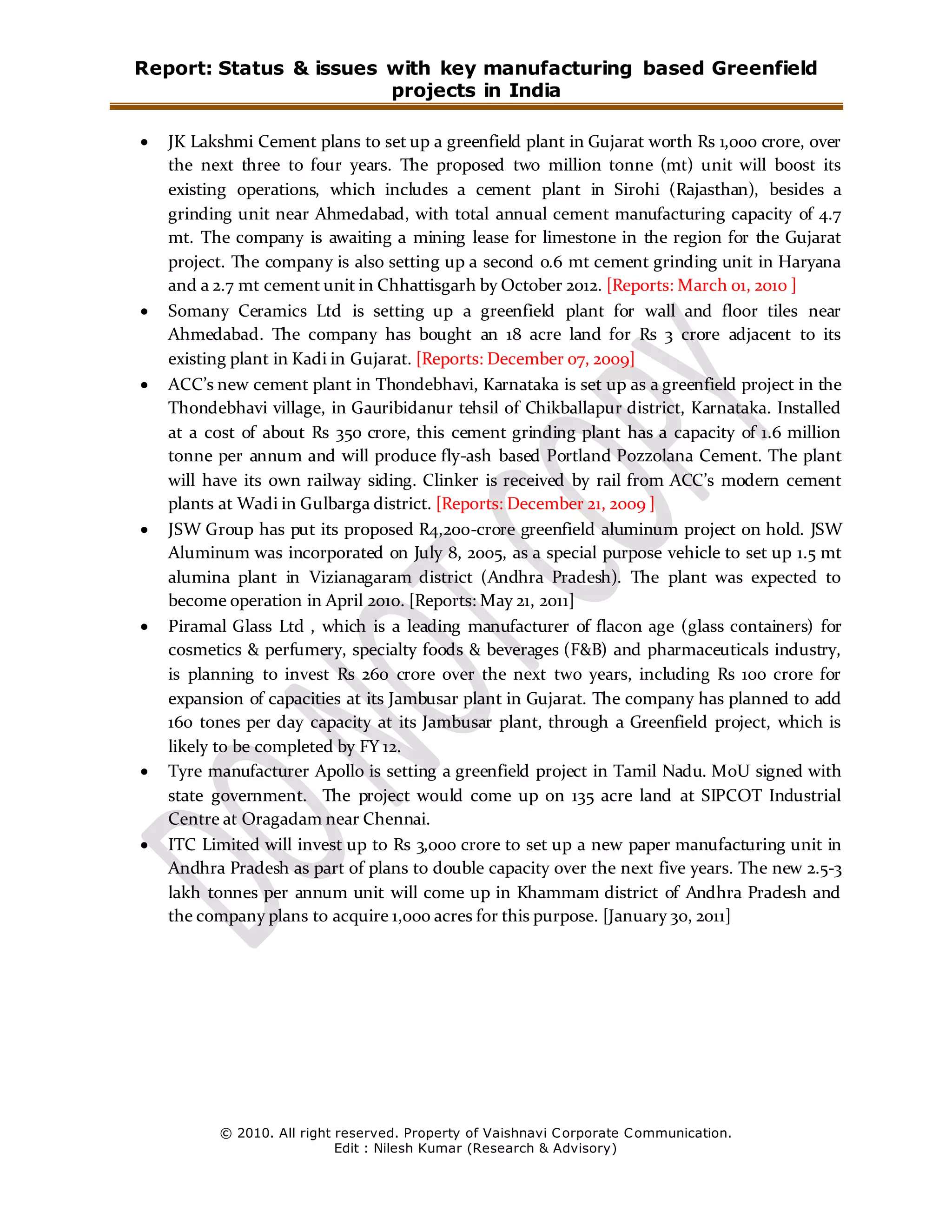 Greenfield projects manufacturing india status | DOCX