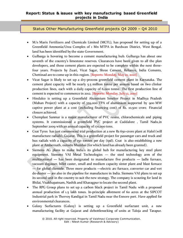Greenfield projects manufacturing india status | DOCX | Commodities ...