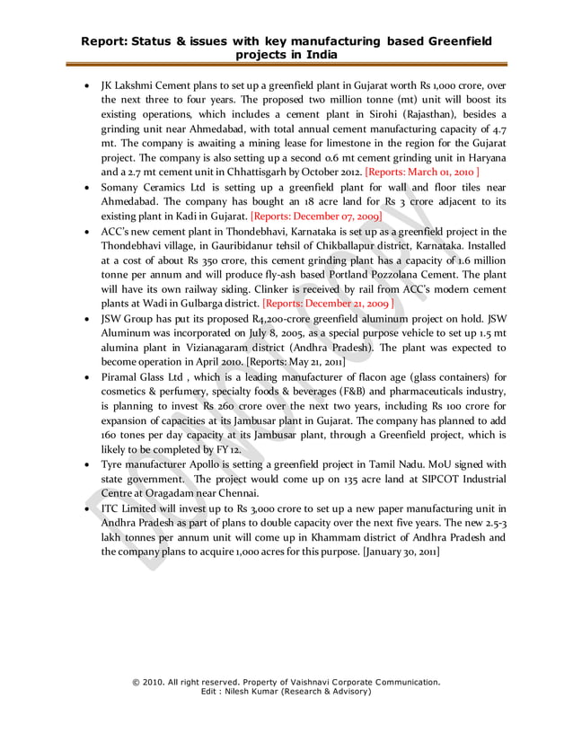 Greenfield projects manufacturing india status | DOCX | Commodities ...