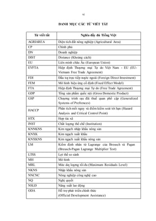 Các yếu tố tác động đến xuất khẩu hàng nông sản Việt Nam vào thị trường EU- Cách tiếp cận từ mô ...