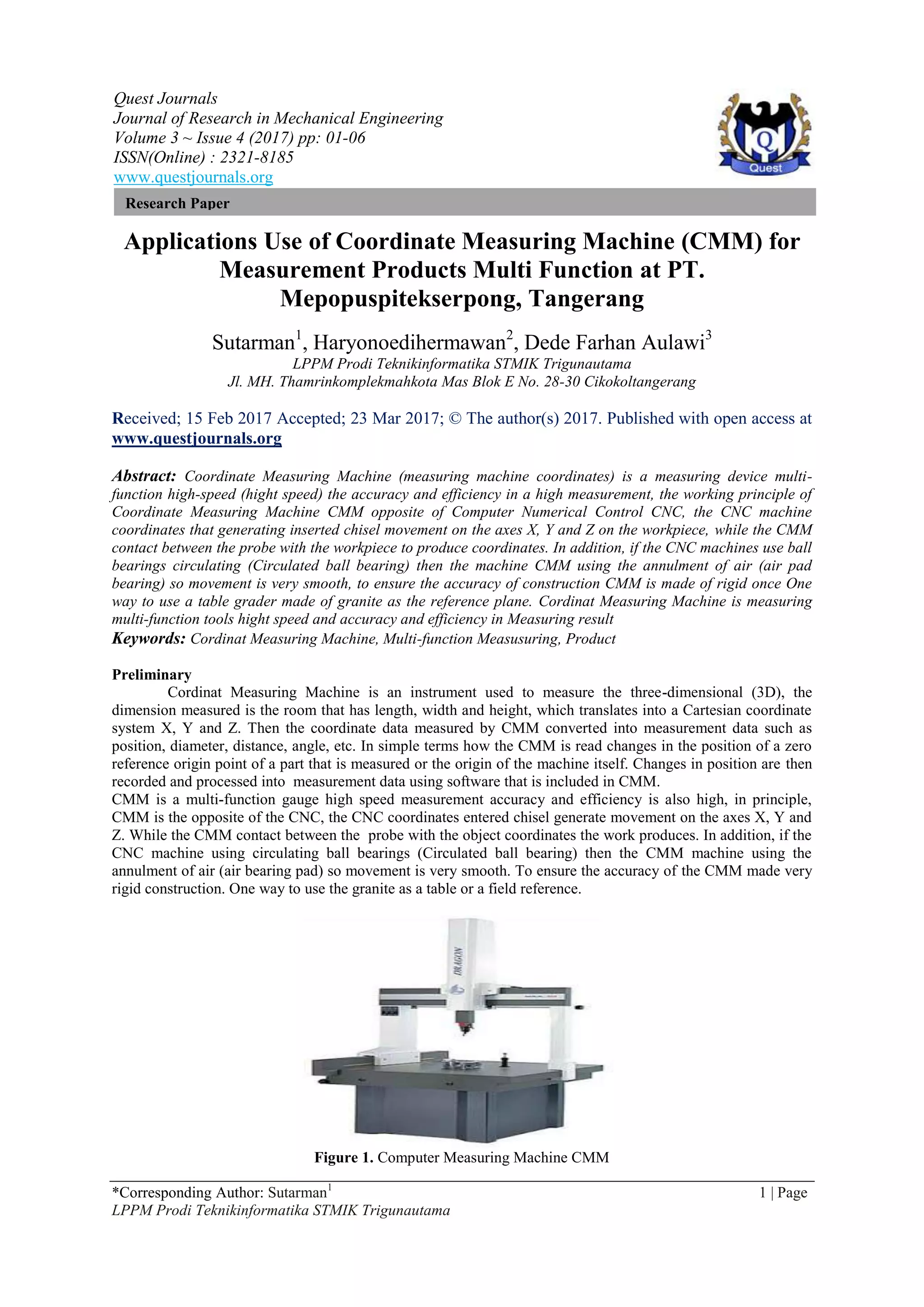 Applications Use of Coordinate Measuring Machine (CMM) for Measurement ...