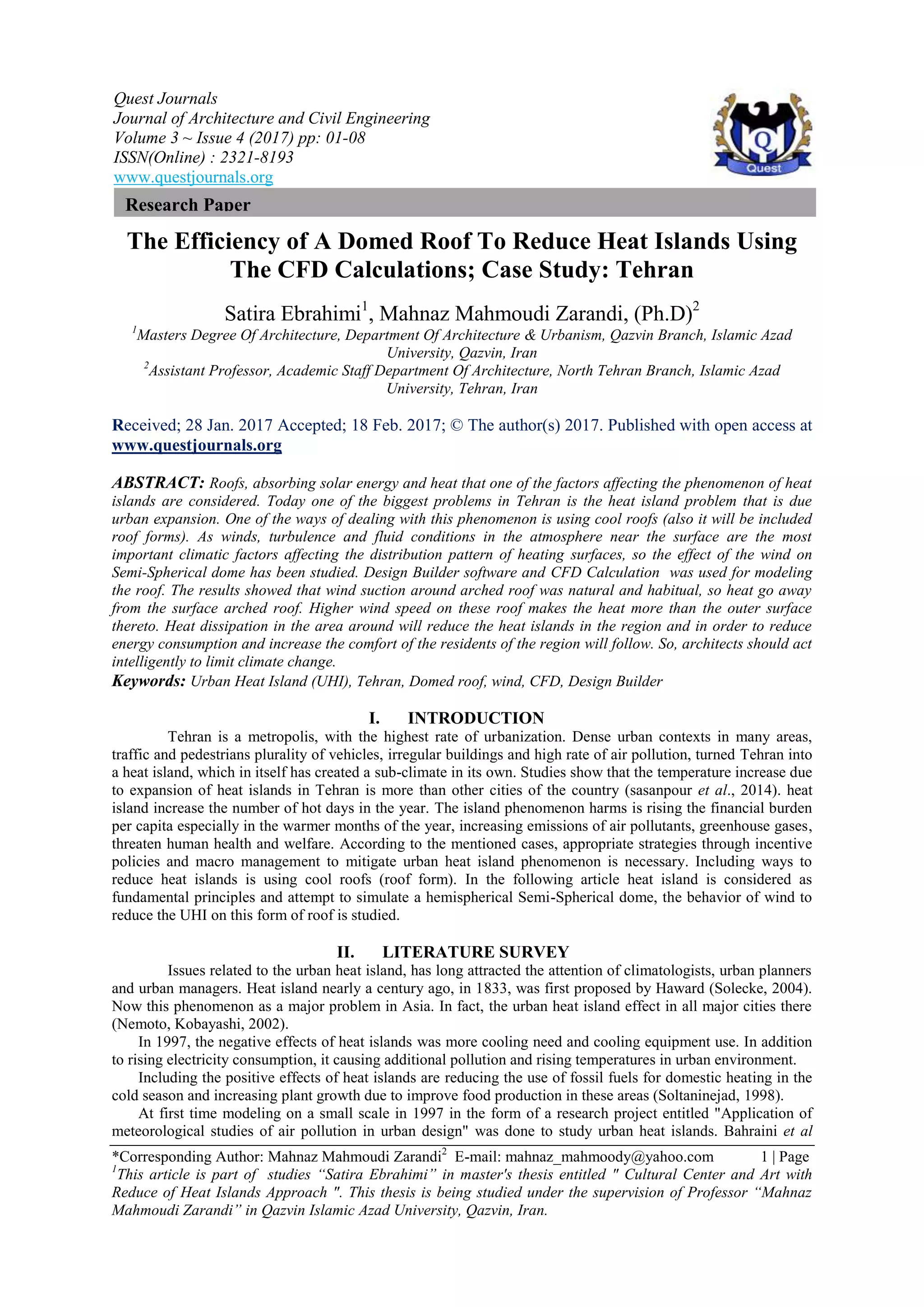 The Efficiency of A Domed Roof To Reduce Heat Islands Using The CFD ...