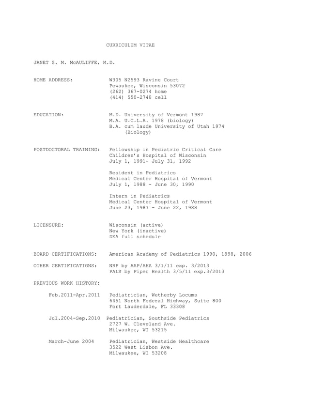 Janet McAuliffe MD CV (5) | DOC | Children\'s Health | Healthy Living