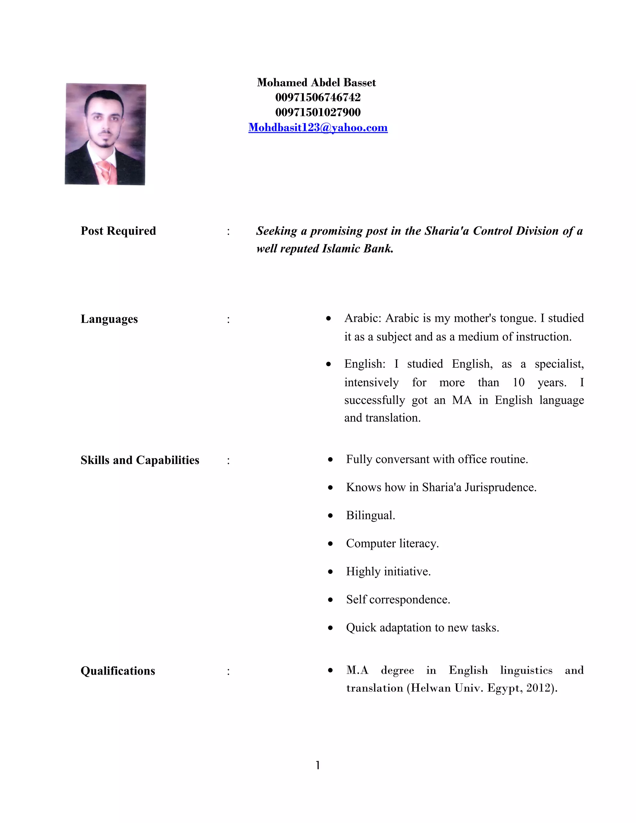 CV.. Mohamed Abdel Basset ..Shariaá role Feb 17 | ODT | Business Accounting & Finance | Business