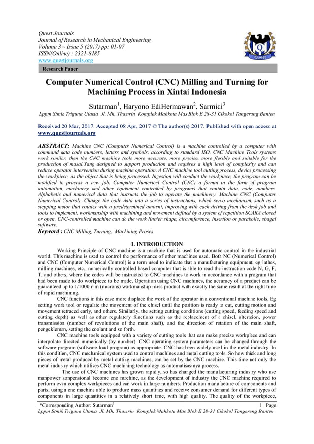 Computer Numerical Control (CNC) Milling and Turning for Machining Process in Xintai Indonesia | PDF