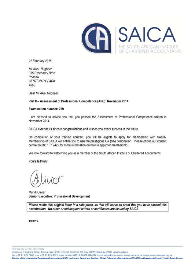 APC Confirmation letter of Akiel Rugbeer | PDF | Education