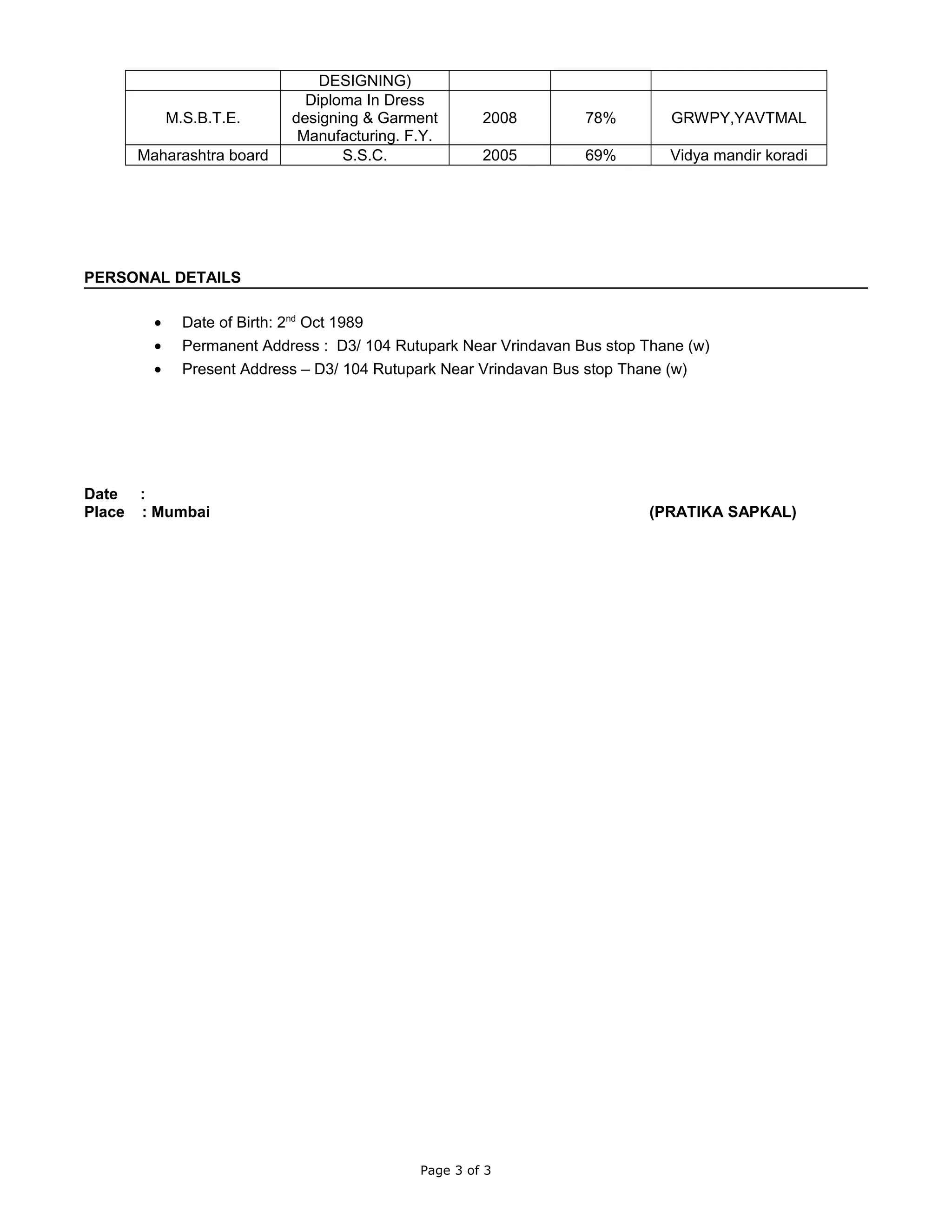 Pratika Sapkal CV | DOC
