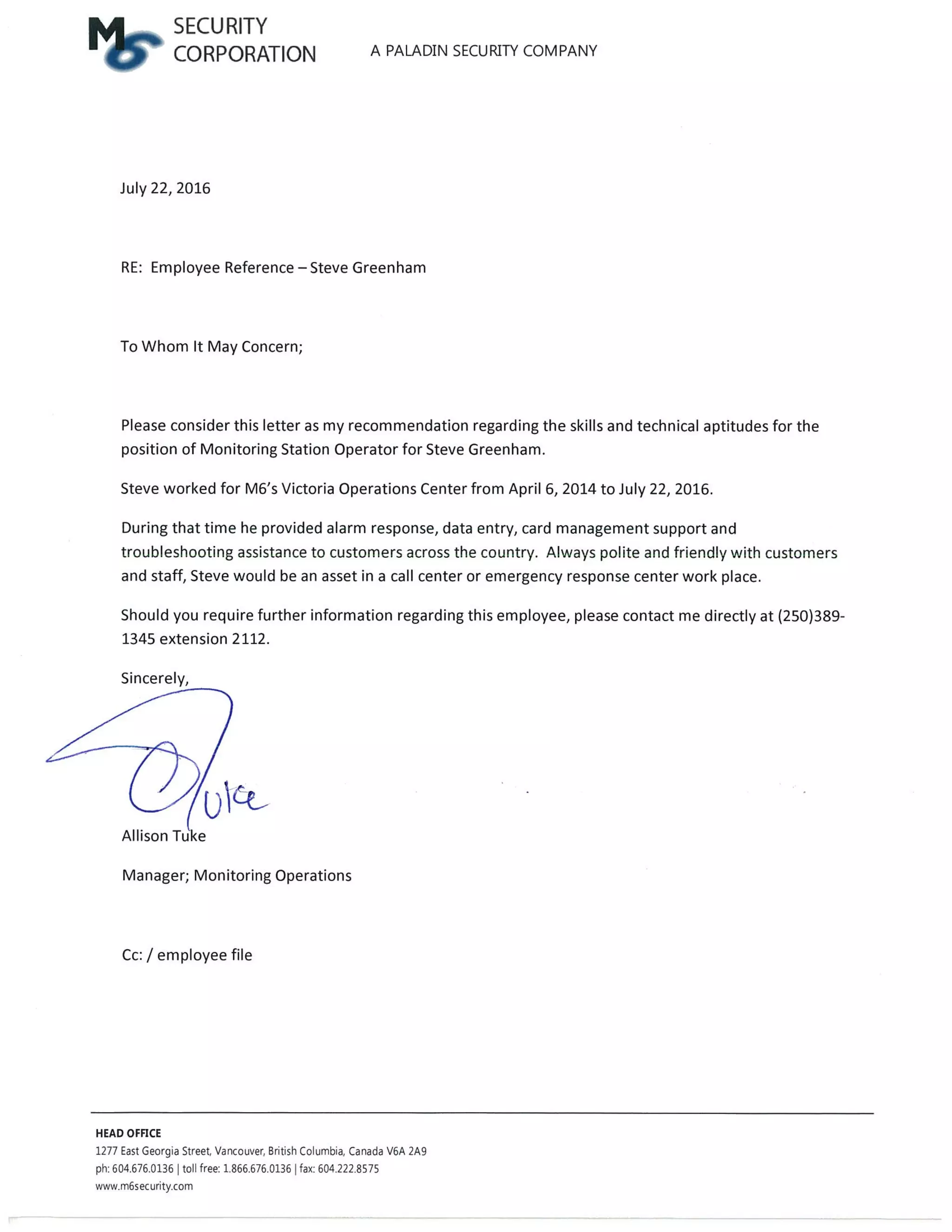 Paladin Security Letter of Reference 2016 | PDF