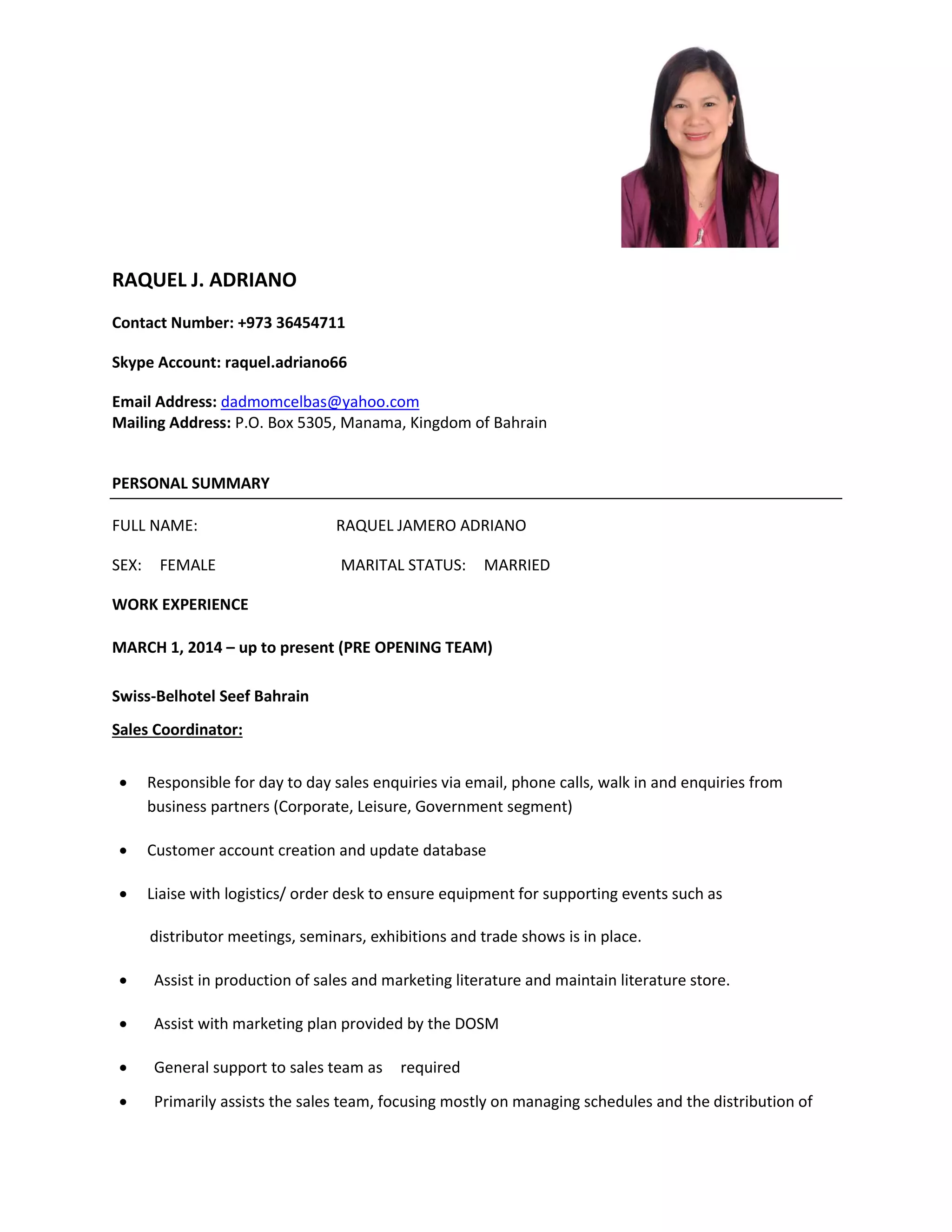 Mrs. Raquel Adriano CV | PDF | Hotels and Motels | Travel Type