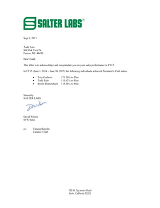 Todd Fuhr, BSN Salter Labs President Club 2015. | PDF